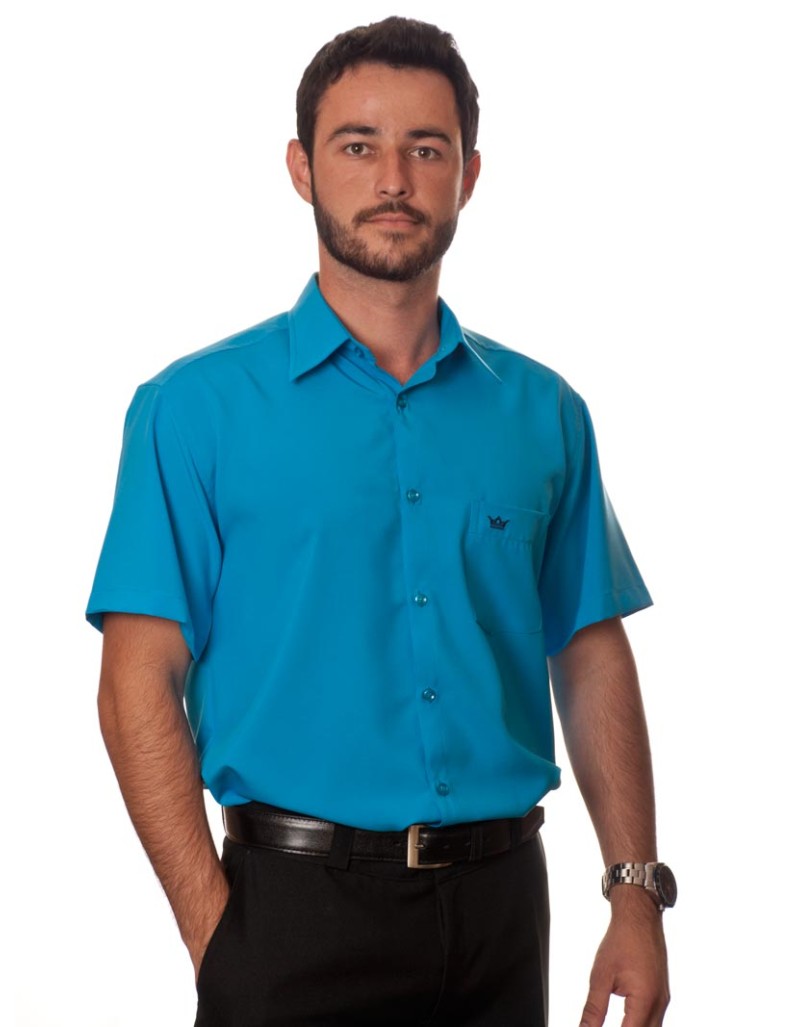 Camisa social azul turquesa masculina de microfibra manga curta