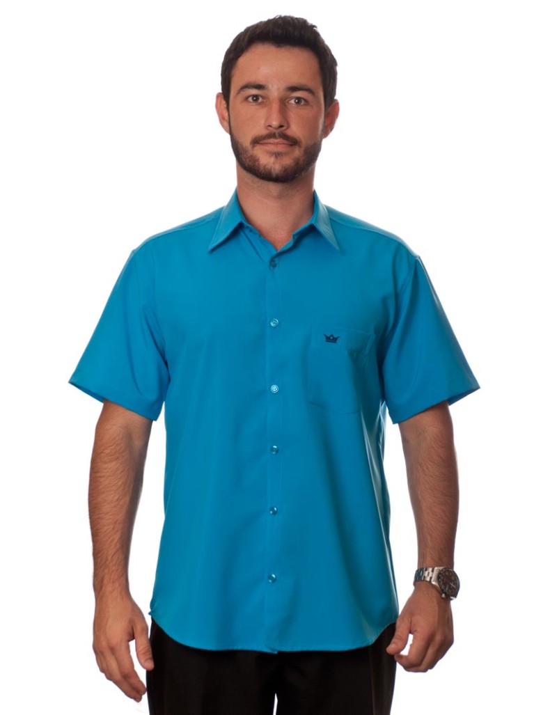 Camisa social azul turquesa masculina de microfibra manga curta