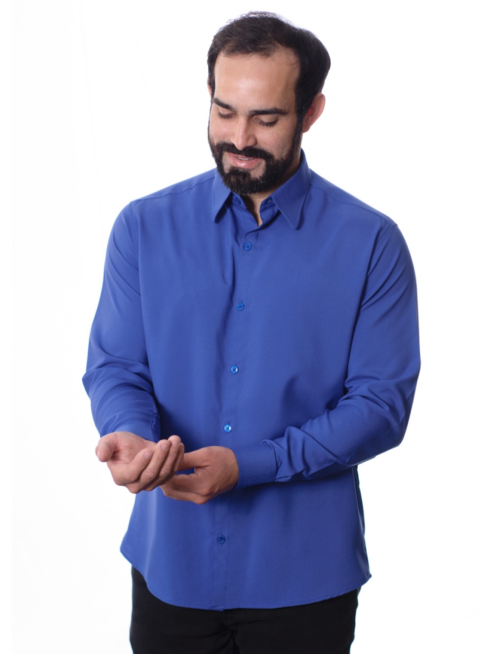 Camisa social masculina de microfibra manga longa, azul royal