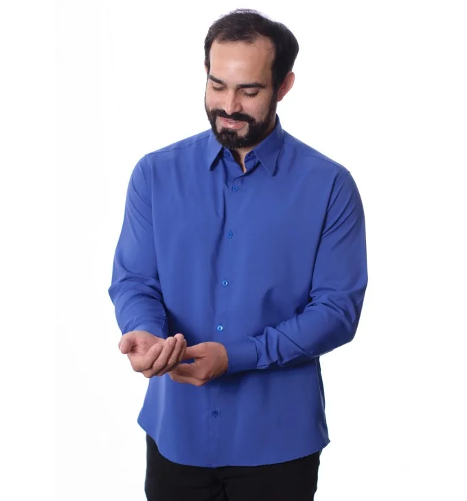 Camisa social masculina de microfibra manga longa, azul royal