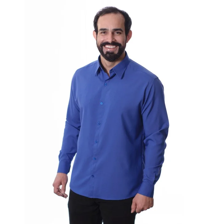 Camisa social masculina de microfibra manga longa, azul royal